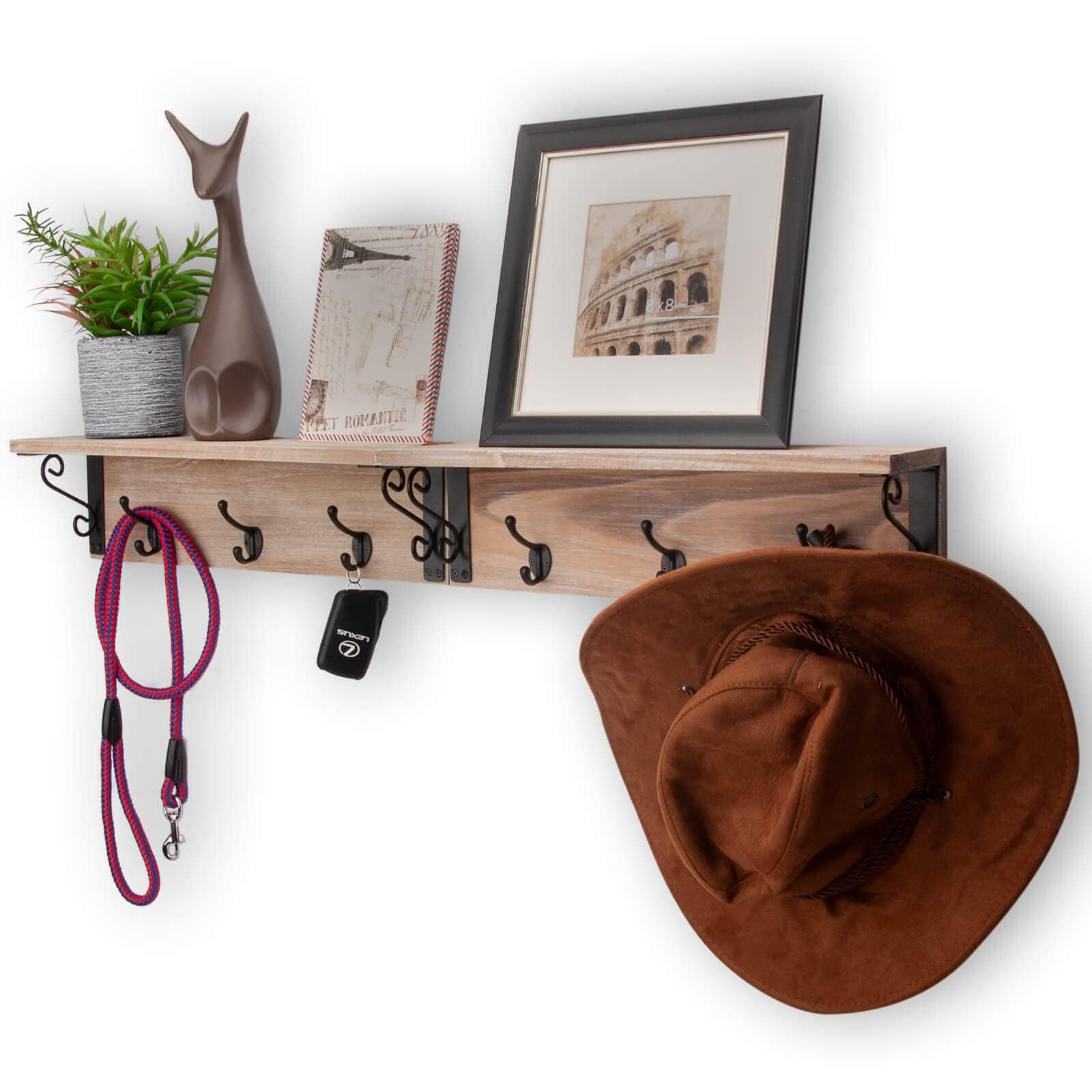 Spiretro Coat Hook Rack with Shelf, Wall Floating Shelves with Leash Key Holder, Hat Bag Organize, Storage, Decorative for Entryway, Hallway, Bedroom, Set of 2, Rustic Wood White
