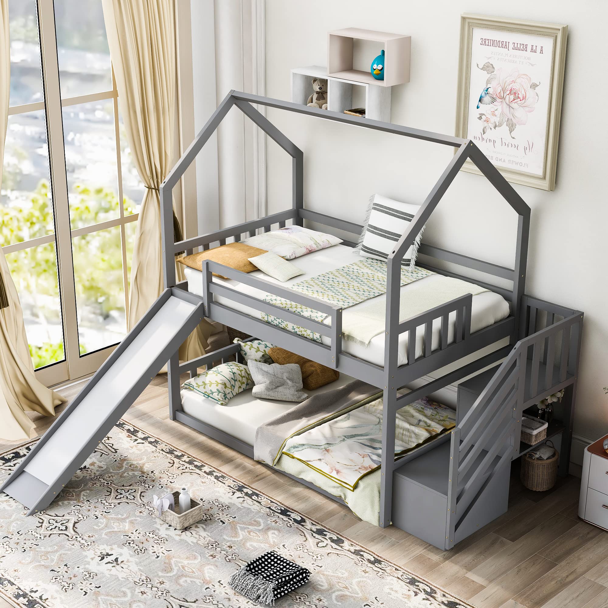 RUNWON Twin over Twin House Bunk Bed with Convertible Slide,Storage Staircase and Open Sehlves for Kids Teens Bedroom