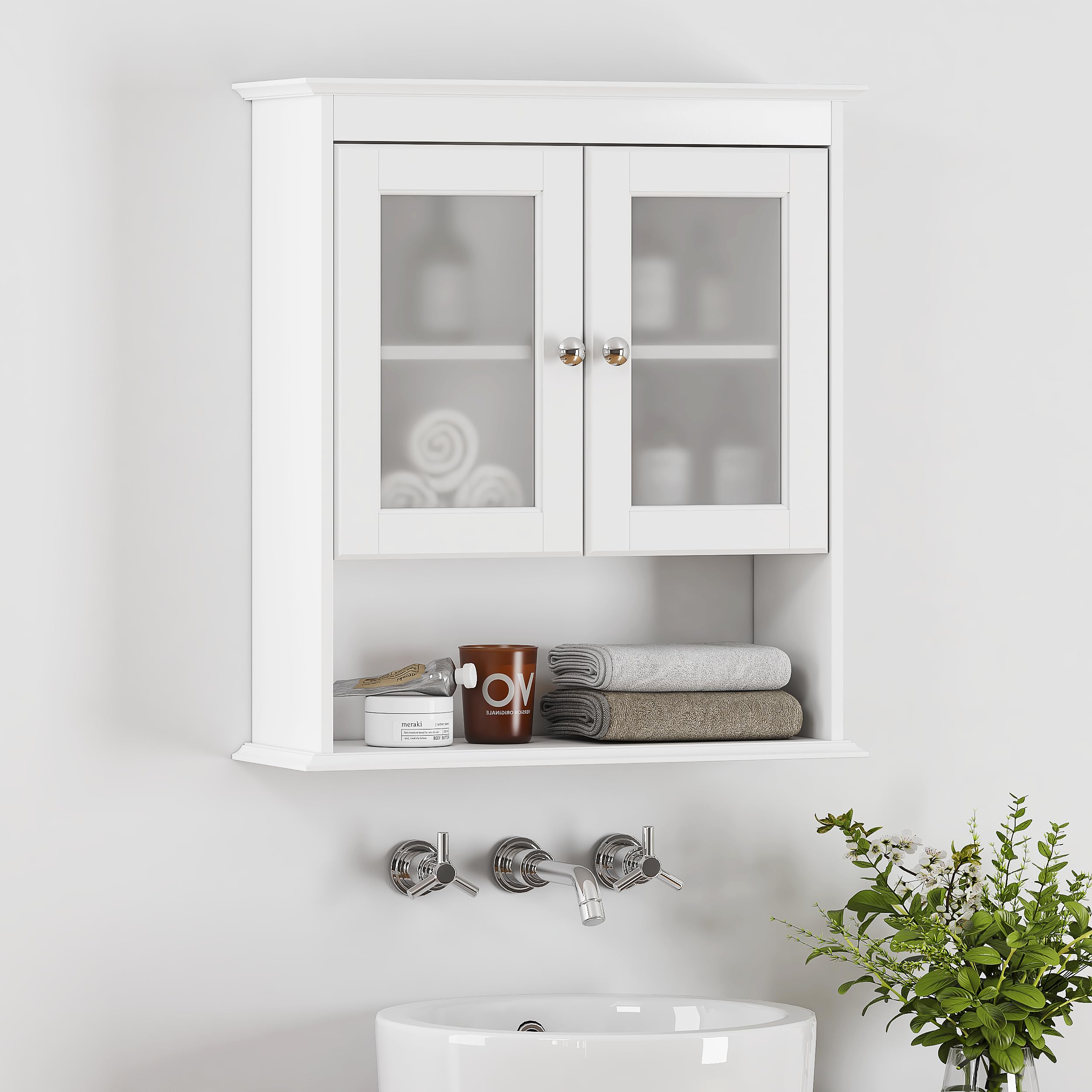 Spirich Bathroom Wall Cabinet with Glass Doors, Small Hanging Medicine Cabinet Wall Mounted, Wood Wall Storage Organizer Space Saver, Espresso