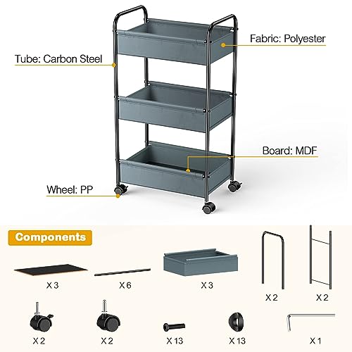 YASONIC 3-Tier Rolling Cart, Easy Assembly, Move, Lightweight, Gray