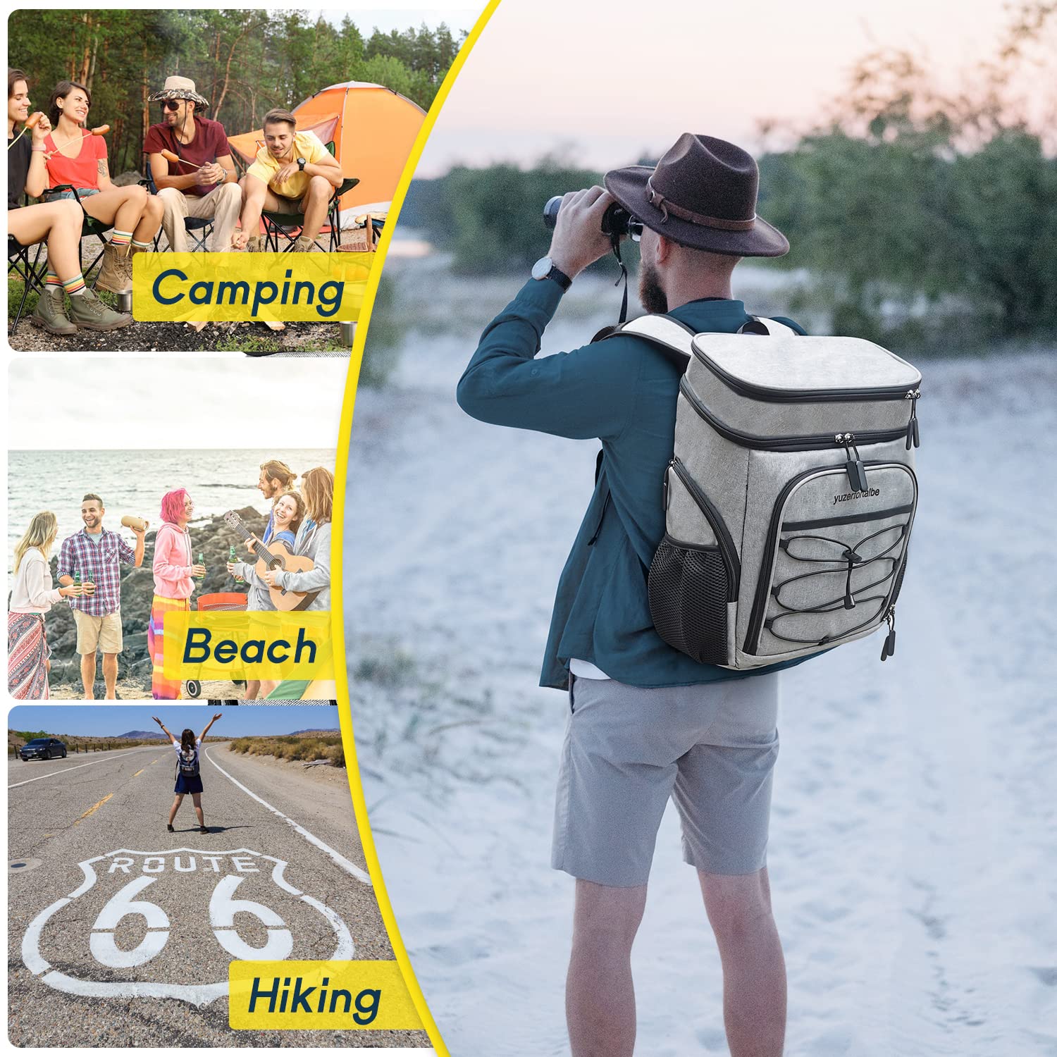 yuzerfortalbe Backpack Coolers Insulated Leak Proof 35 can, Insulated Backpack Soft Beach Cooler Bag for Lunch Picnic Fishing Hiking Camping Gray