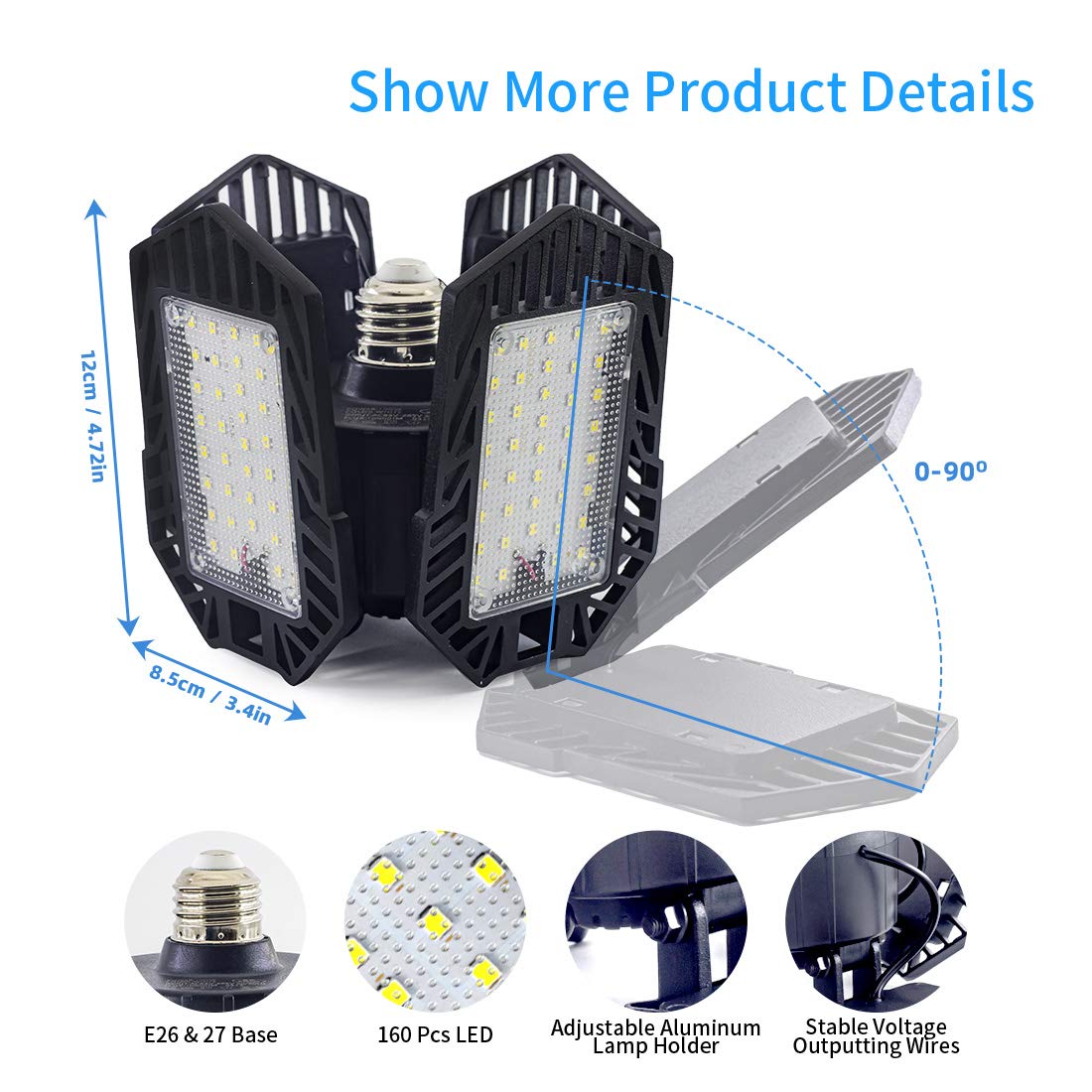YKOPEO Deformable LED Garage Lights, Super Bright Garage Light Ceiling LED 100W E26 with 4 Adjustable Aluminium Panels,10000LM LED Shop Lights for Garage Workbench Basement Warehouse