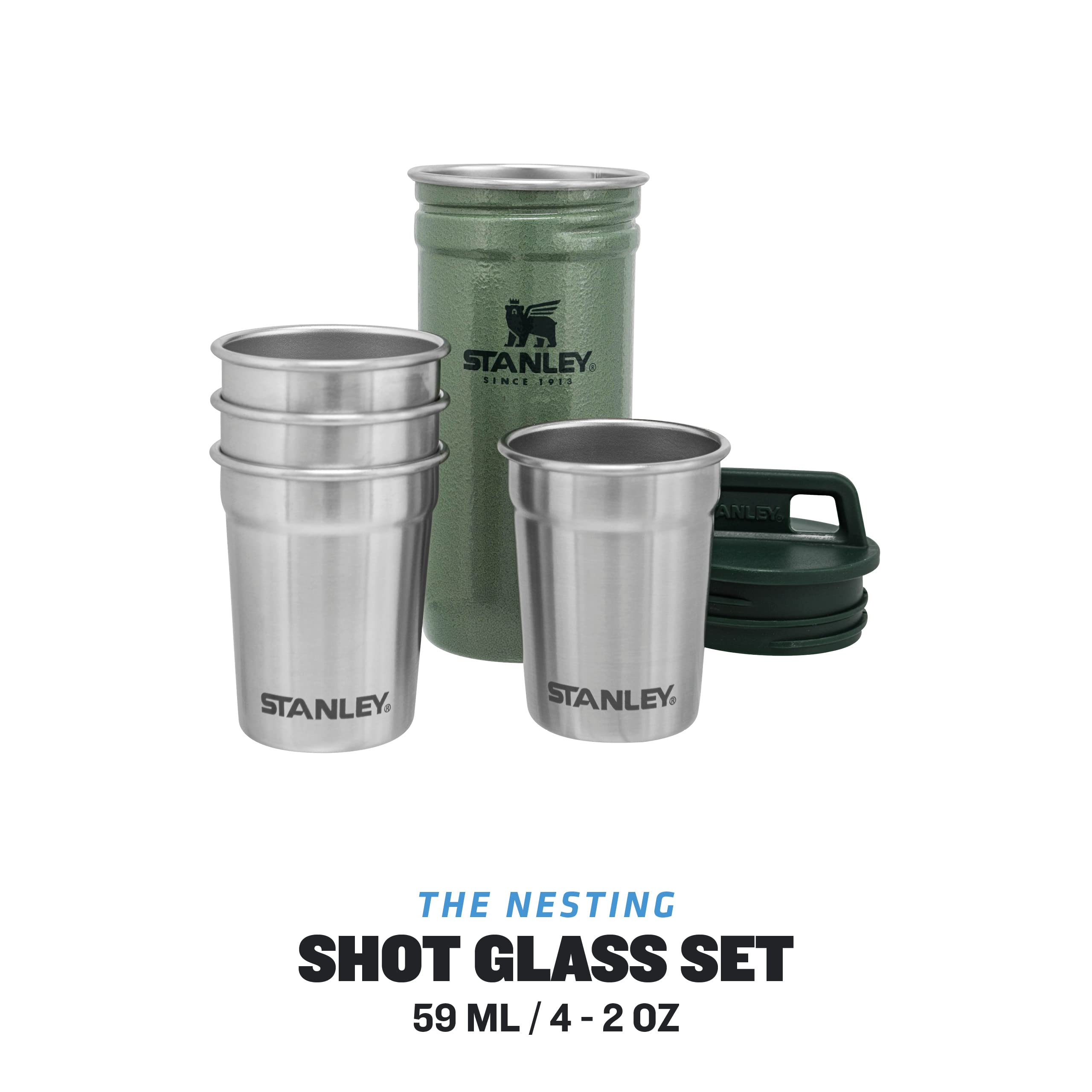 STANLEY Adventure Nesting Shot Glasses Set 0.59ML Hammertone Green – BPA Free Stainless Steel Shot Glasses - Packable Thanks to Nesting System - Dishwasher Safe