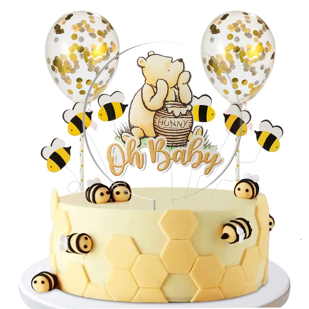 Winnie Cake Topper Oh Baby Acrylic Cake Topper with Cute Bees and Balloons Cake Decoration for Kids Birthday Baby Shower Party Supplies