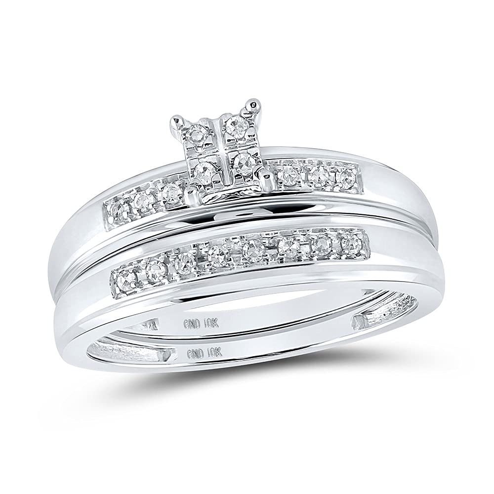 Sizes - L = 8, M = 8.5 - 10k White Gold Diamond Cluster Mens And Ladies Couple His & Hers Trio 3 Three Ring Bridal Matching Engagement Wedding Ring Band Set (1/5 cttw.) - Please use drop down menu to select your desired ring sizes