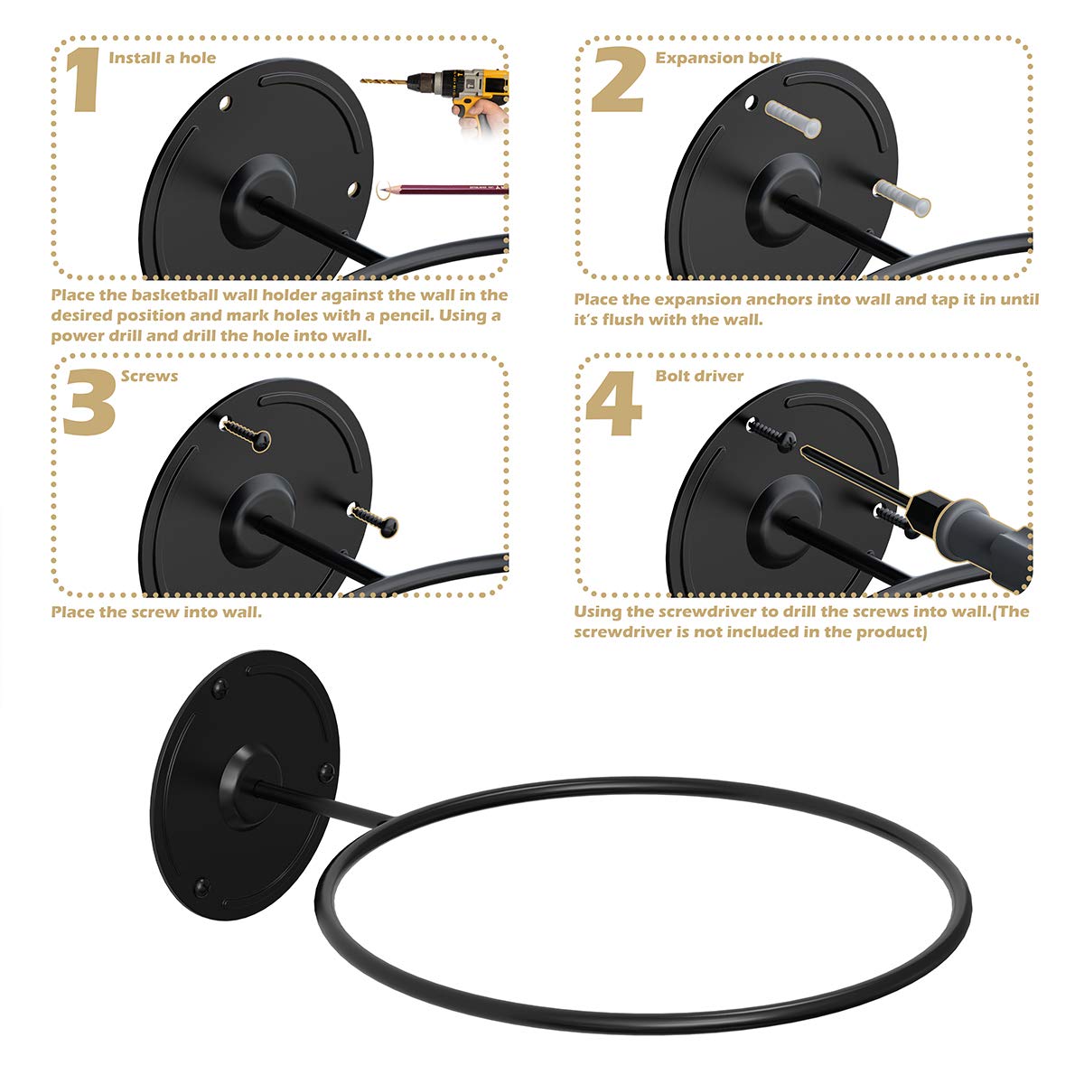 Suchek Steel Ball Holder Wall Mount, Display Rack Storage for Soccer, Basketball, Volleyball (2 Pieces)