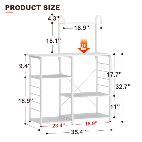 SDHYL Coffee Bar, 35 inch Bakers Rack Microwave Stand with 5 Storage Shelves and Hooks, Kitchen Shelves Organizers Bakers Racks, Microwave Table Coffee Station Table for Home Kitchen Bathroom