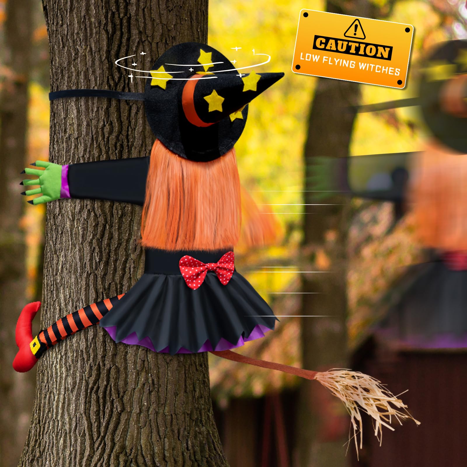 Witch Halloween Decorations Yard Outdoor Decor Crashing Witches into Tree, Hanging Porch Props Outside Decor with Broom for Door Lawn Wall Indoor Fall Pole Garden, Flying Witch Trunks Pillars