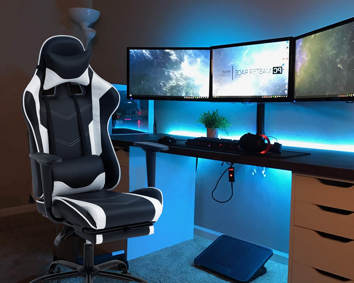 Vnewone Computer Gaming Chair Office PC Ergonomic Home Executive Desk Racing Rolling Swivel Task Adjustable High-Back PU Leather with Lumbar Support Footrest Headrest Armrest Massager, White