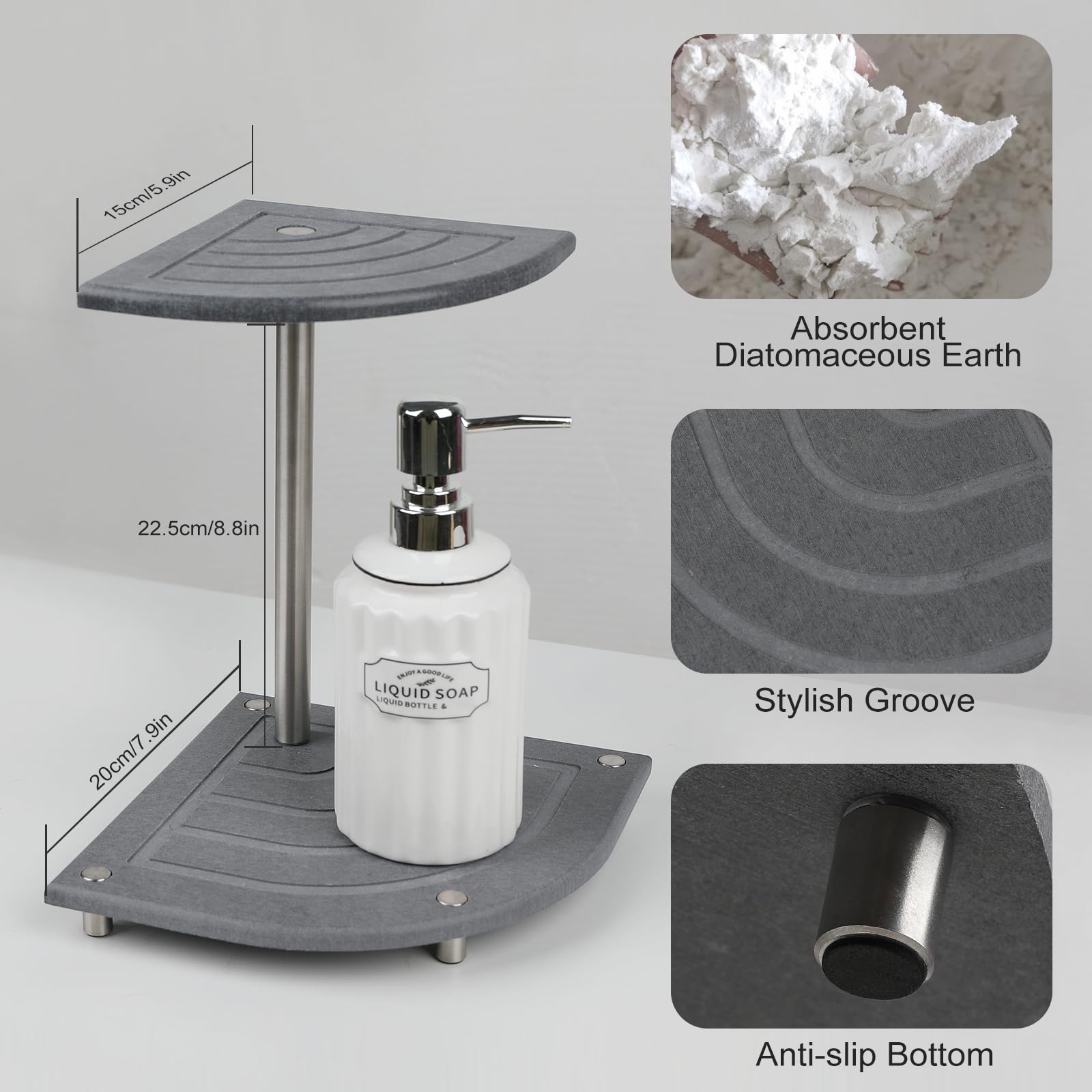 SUEH DESIGN Corner Riser, 2 Tier Pedestal Stand, Instant Dry Decorative Display Riser, Gray, Diatomaceous Earth