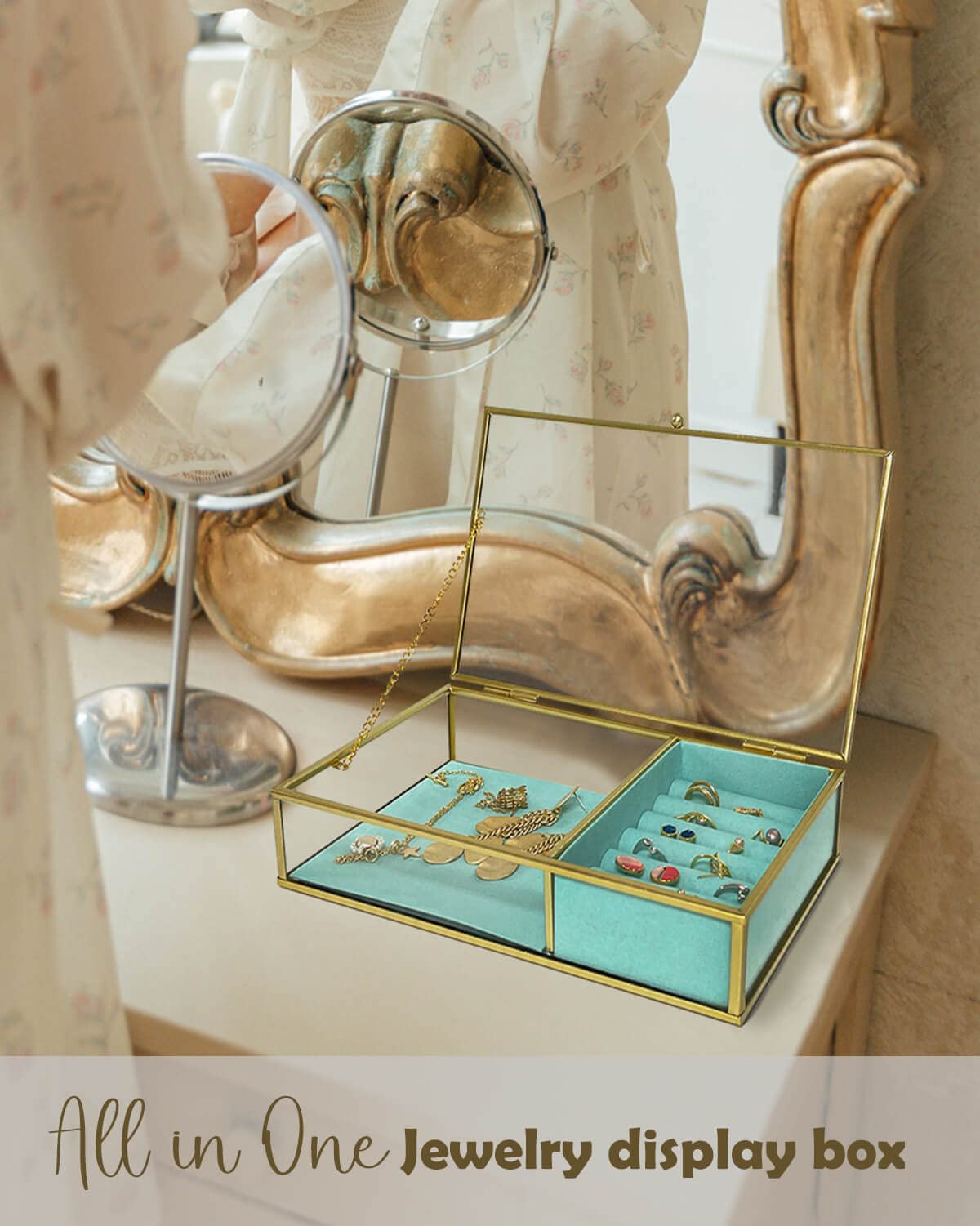 Ylu Yni Glass Jewelry Organizer Box Clear Keepsake Case with Gold Frame with Velvet Trinket Tray, Display Box for Earring Ring, Necklace, Accessories.