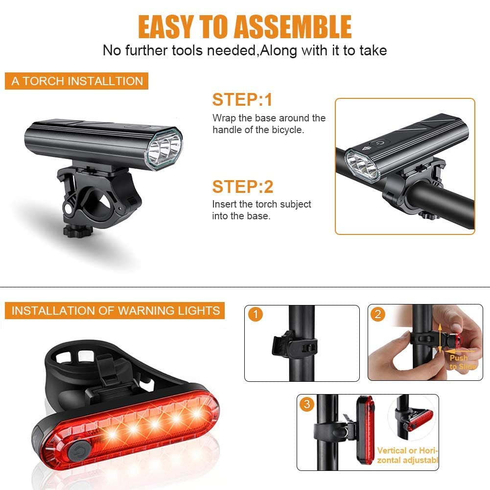 Ultra Bright USB Rechargeable Bike Light Set - Super Bright 5 Light Mode Powerful Bicycle Front Headlight and Back Taillight for Night Riding Road for Men, Women and Kids Mountain Bikes