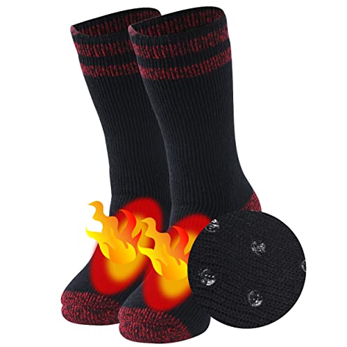 Three street Outdoor Sport Thermal Socks, Men Comfort Heavyweight Thermal Hiker Crew Insulated Heat Non Skid Socks, Winter Thick Warm Fuzzy Slipper Socks Warm Clothes for Working Black Red 1 Pair