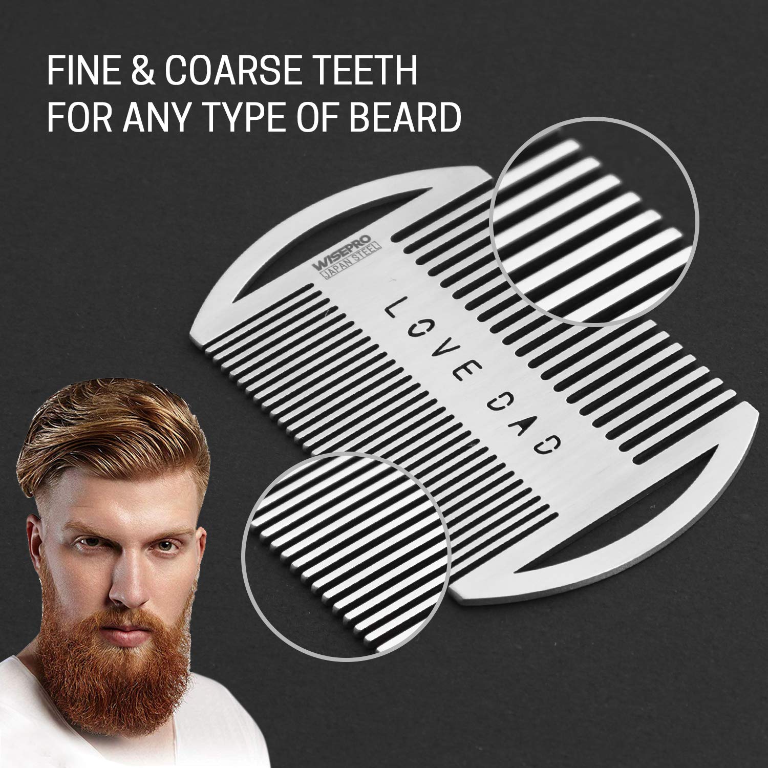 WISEPRO Beard Mustache Comb Fine Toothed Beard Comb Keychain Comb,Suitable For Beard Care Facial Hair Grooming(White Curved Lettering)