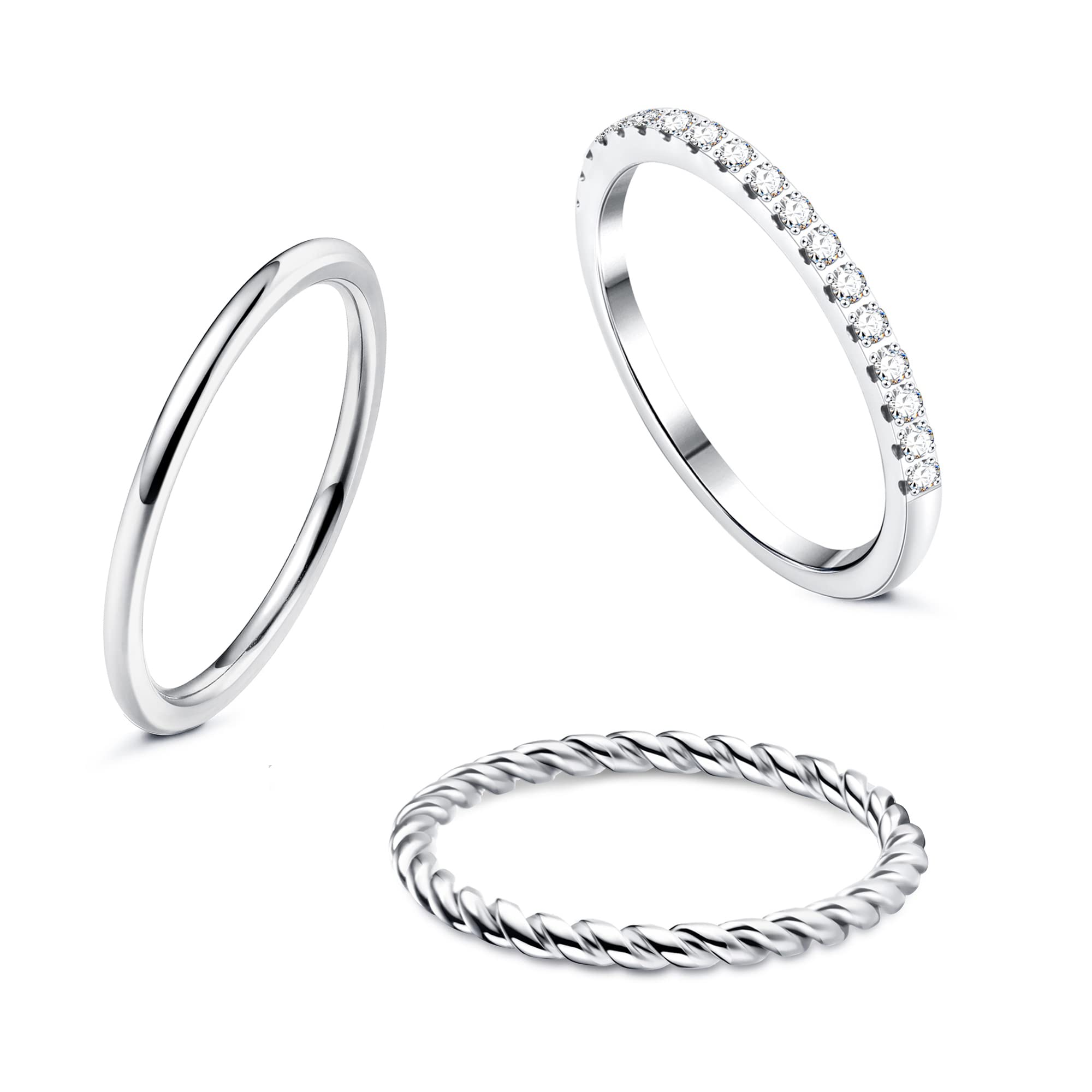 ZELORES 3Pcs CZ Stacking Rings for Women Stainless Steel Twisted Midi Knuckle Ring CZ Wedding Band Ring Minimalist Thin Stackable Rings Comfort Fit Size 6-10(8)