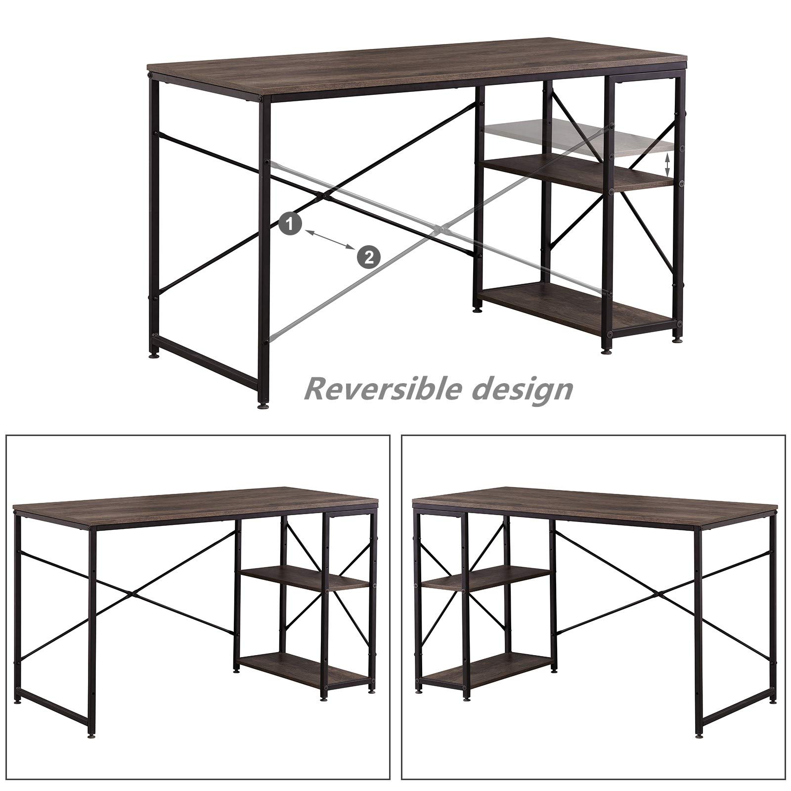 Symylife Home Office Computer Desk, Study Writing Desk with 2- Tier Wooden Storage Shelf, Small L Shaped Corner Desk, 47 inches,(Vitnage Grain)