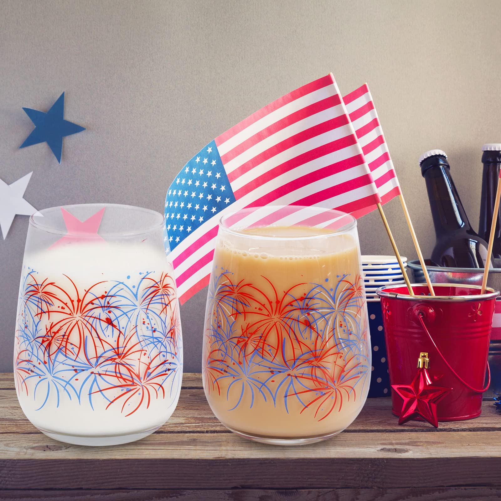 Whaline 2Pcs Patriotic Stemless Wine Glasses 17oz Red Blue Firework Drinking Glasses Firework Tumbler Cups Independence Day Party Cups for Celebration 4th of July Party Supplies Kitchen Decor Gifts