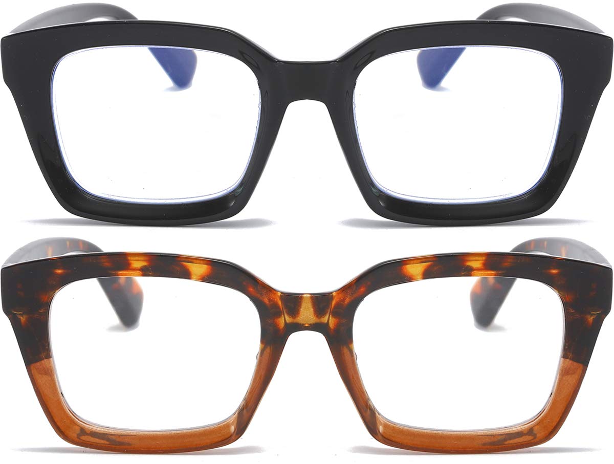 REAVEE 2 Pack Oprah Style Oversized Reading Glasses for Women Men Blue Light Blocking, Ladies Stylish Retro Square Large Computer Readers (Black/Leopard 1.5x)