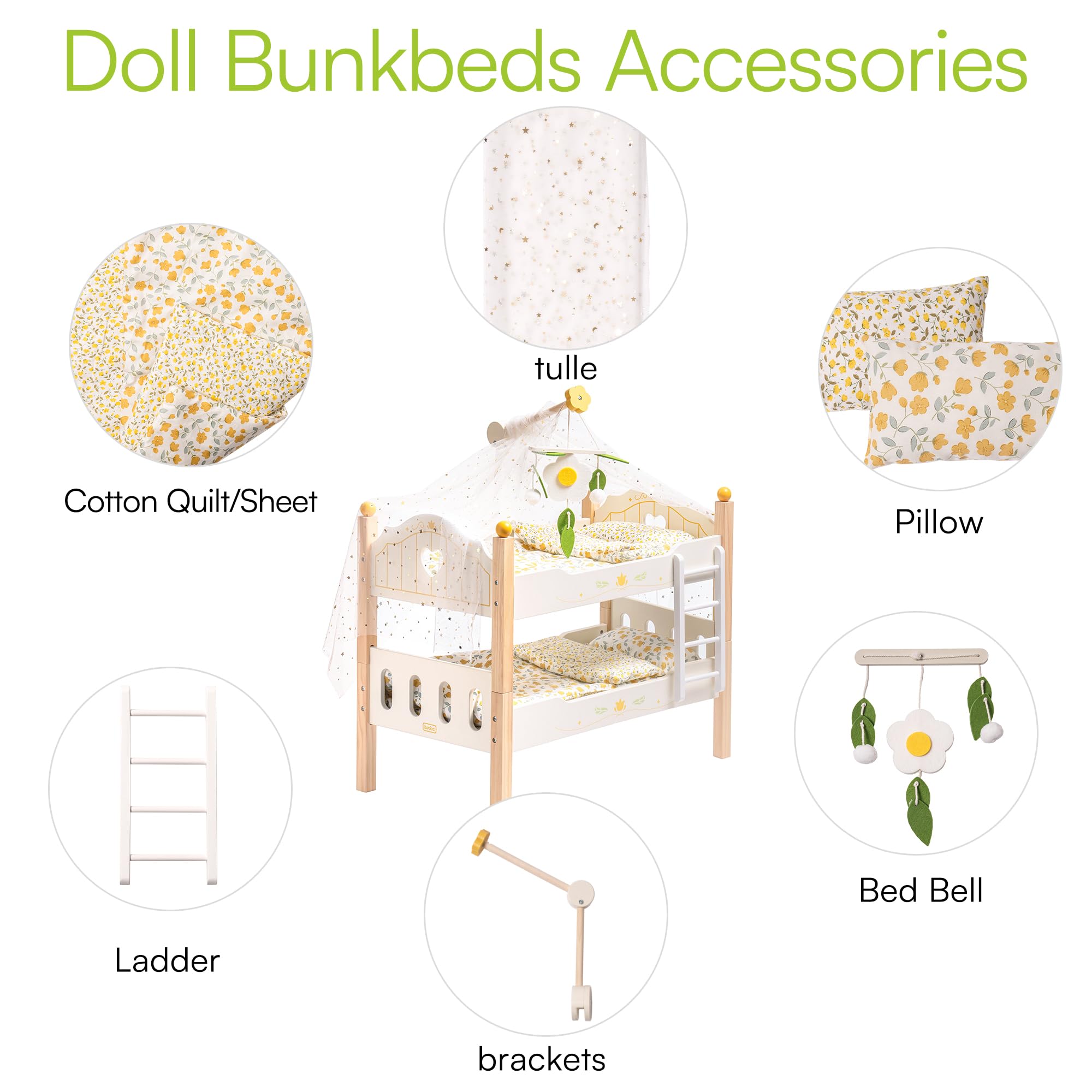 ROBOTIME Baby Doll Bunk Beds, Baby Doll Crib for 18 inch Dolls, Wooden Doll Bed Toy with Doll Bedding