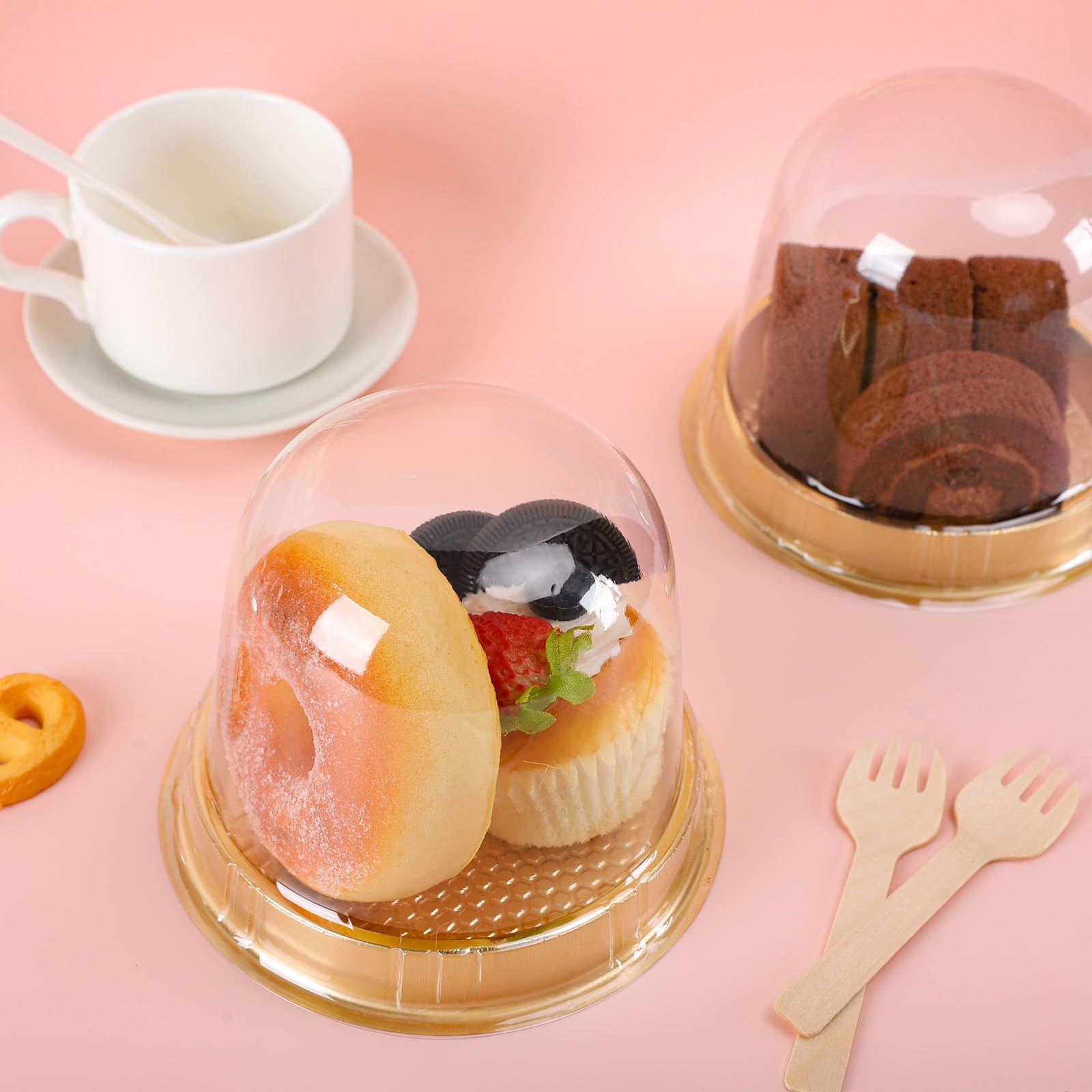 Whaline 50 Sets Disposable Individual Charcuterie Cup Set Clear Plastic Cupcake Container with Mini Wooden Spork Rope for Dessert Display Charcuterie Grazing Table Catered Event Wedding