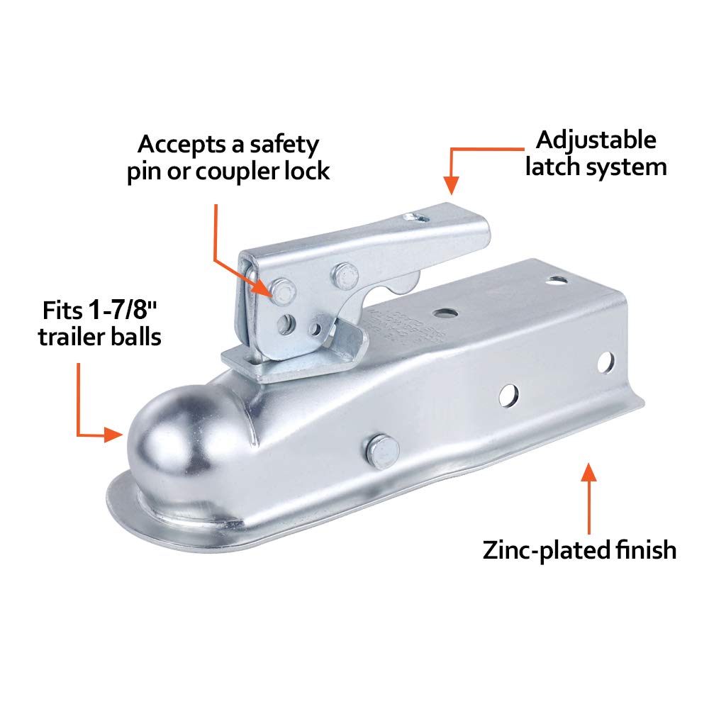 YEOPGYEON Straight Trailer Coupler for 1-7/8" Ball Size 2" Channel Size Capacity 2000LBS Zinc-Plated