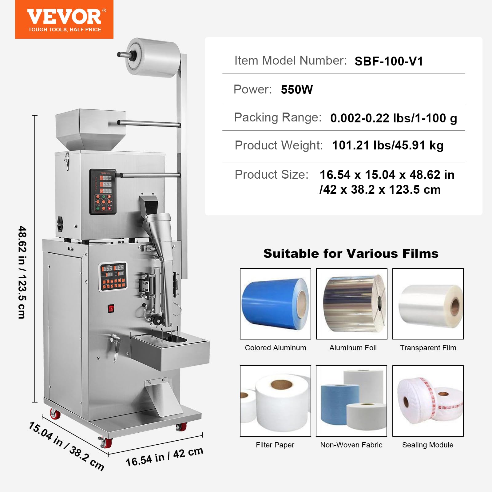 VEVOR Weighing Filling Industries 1-100g, Particle Packaging Machine 10-15 bag/min, Full Automatic Powder Sealing Machine for Filling Tea Seeds Grains Flour Beans Glitter