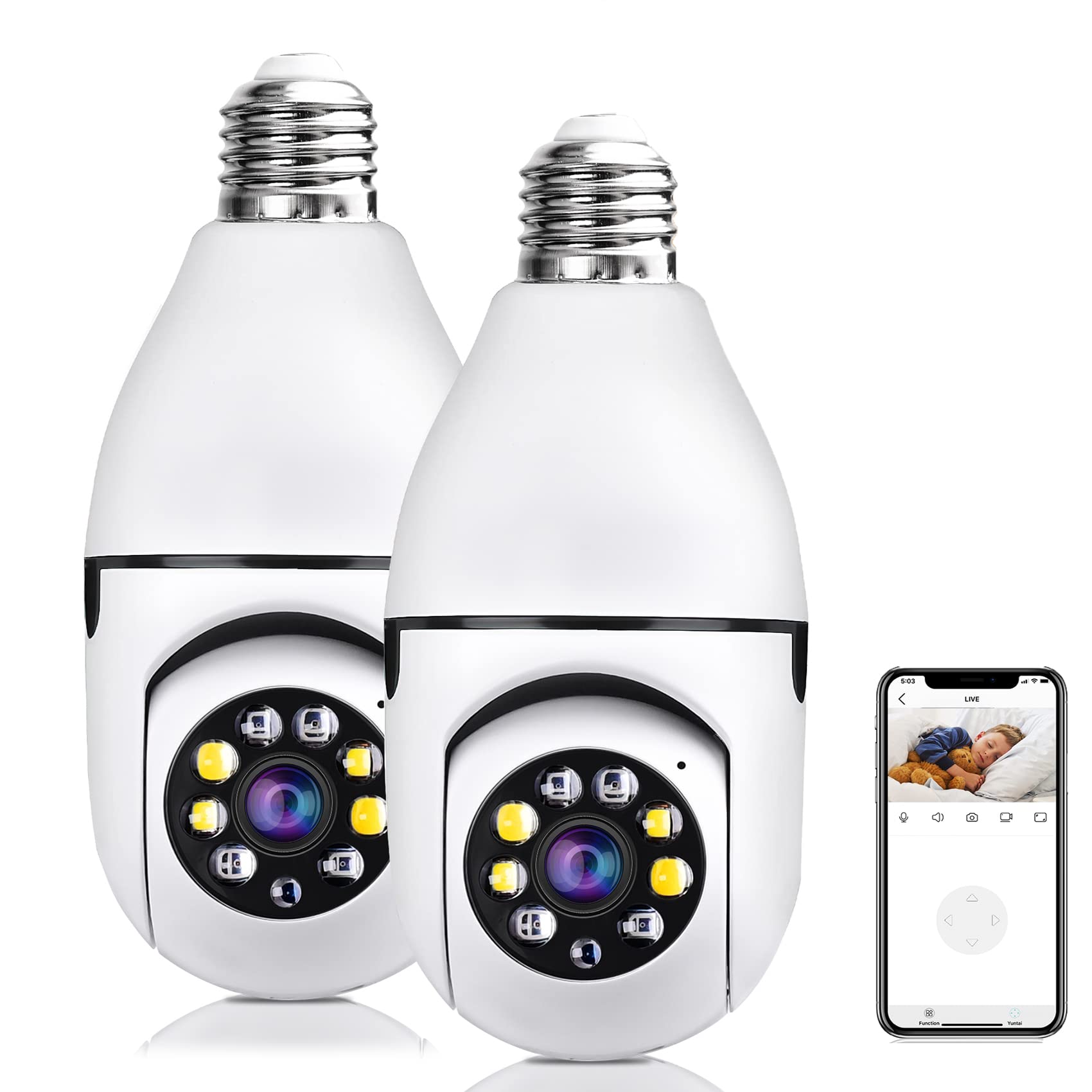 SYEYYDS Light Bulb Security Camera, 1080P 2.4G WiFi Security Camera 360 Degree Night Vision Light Socket Security Camera for Home Security (2pack)
