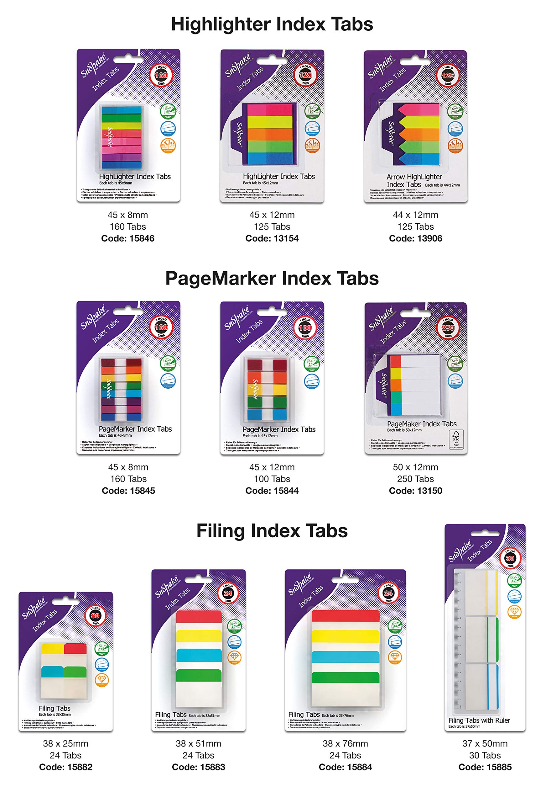 Snopake Index Tab Highlighters Transparent 45 x 8 mm - 160 Tabs - Neon Assorted [Ref: 15846]
