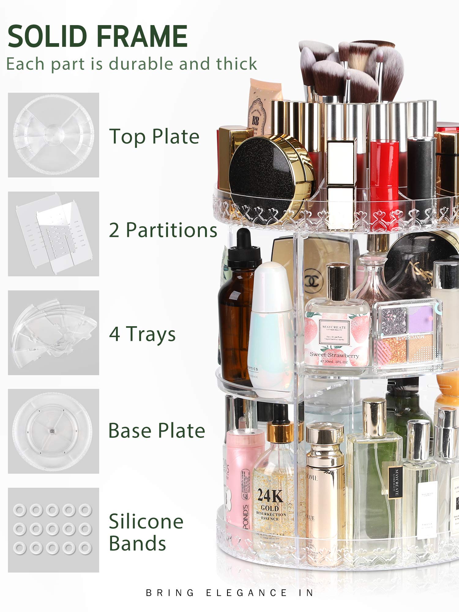 Syntus Rotating Makeup Organizer, 360 Adjustable Cosmetic Carousel Spinning Holder Rack, Large Capacity Makeup Storage Box Vanity Shelf Countertop for Bathroom, Lipsticks, Brushes, Clear