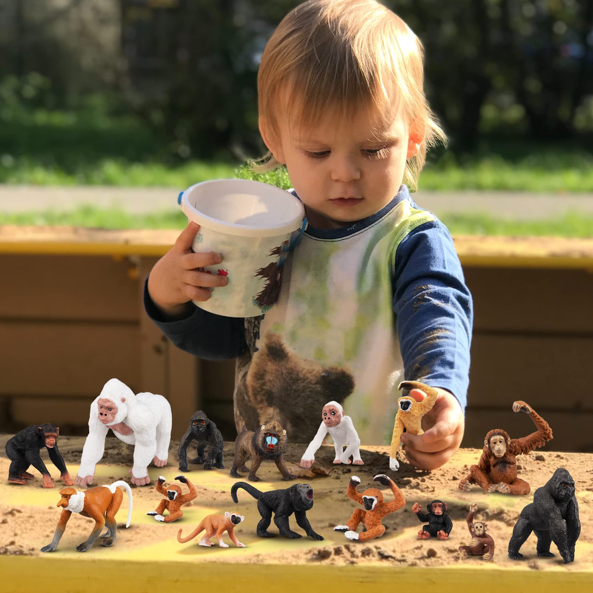Toymany 14PCS Monkeys Gorillas Figurines Playset, Plastic Jungle Animals Monkey Toy Set Included Chimpanzee Mandrill Gibbons, Cake Toppers Christmas Birthday for Kids Todllers