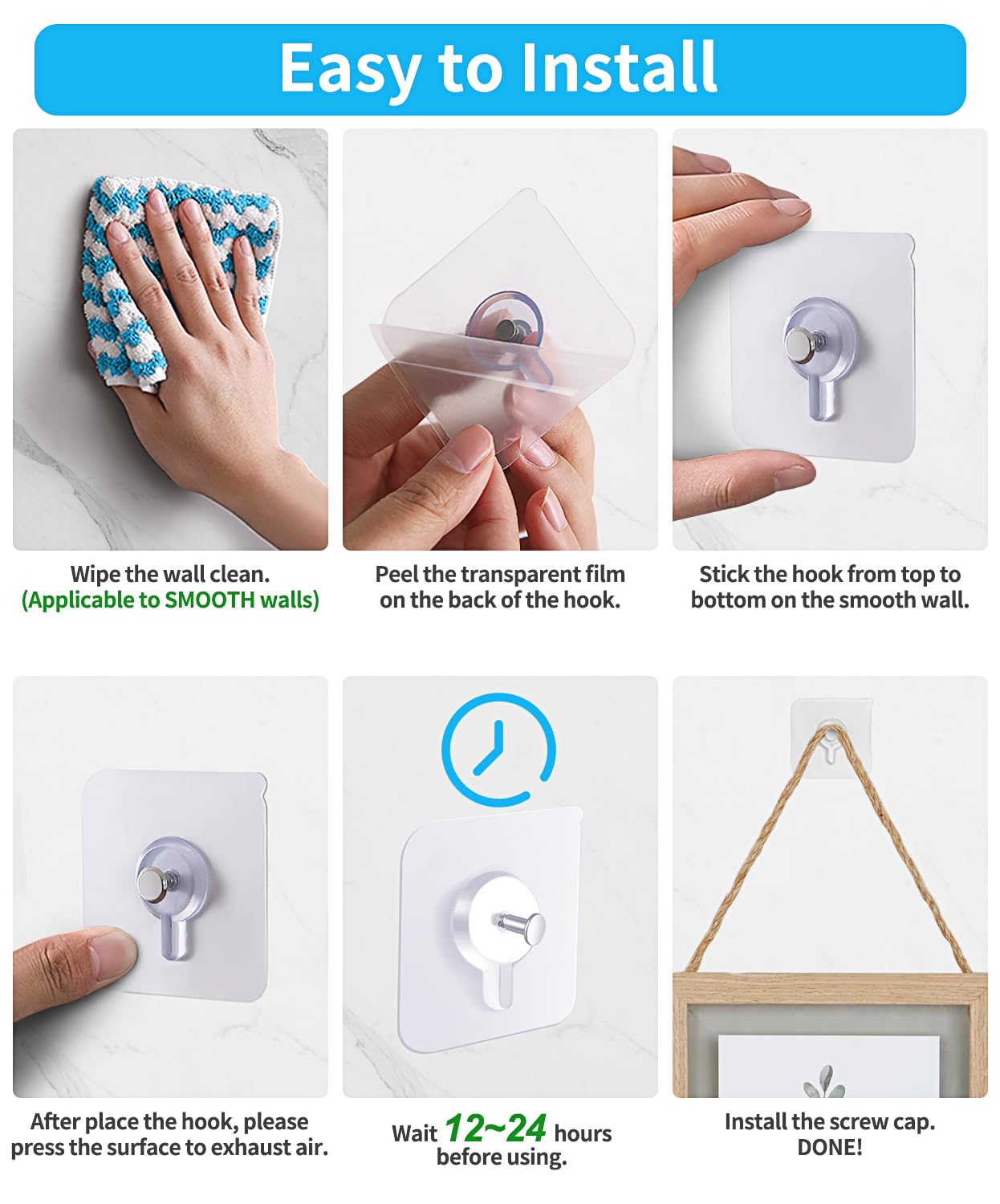 YOGEERNIC Adhesive Hooks for Wall(13lb Max), Wall Hangers Without Nails for Photos Frames, Utility Waterproof and Oil Resistant Hooks for Decorations and Bathroom Kitchen Racks -10 Pack