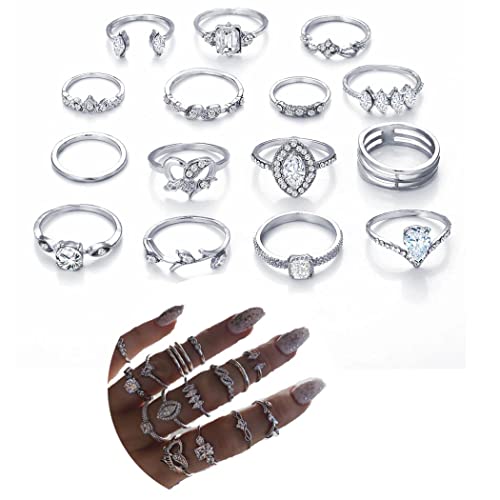 Simsly Vintage Knuckle Ring Stackable Silver Joint Nail Ring Crystal Knuckle Rings Set for Women and Girls(15PCS (Boho) (Set-1)