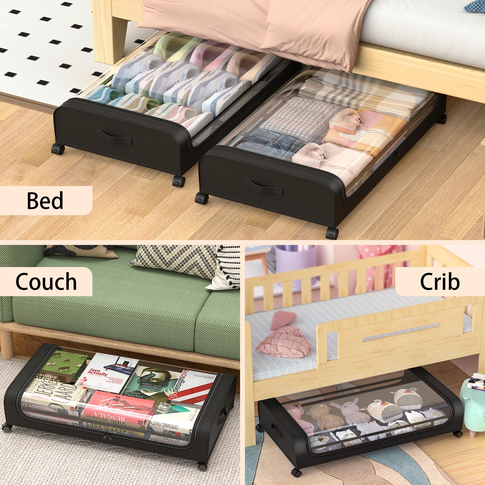 Under Bed Storage Drawers with Wheels and Lid - 48L×2 Pack Under Bed Shoe Storage Organizer - Large Under Bed Storage Bins for Dorm, Couch - Rolling Underbed Storage Containers - Elegant Black