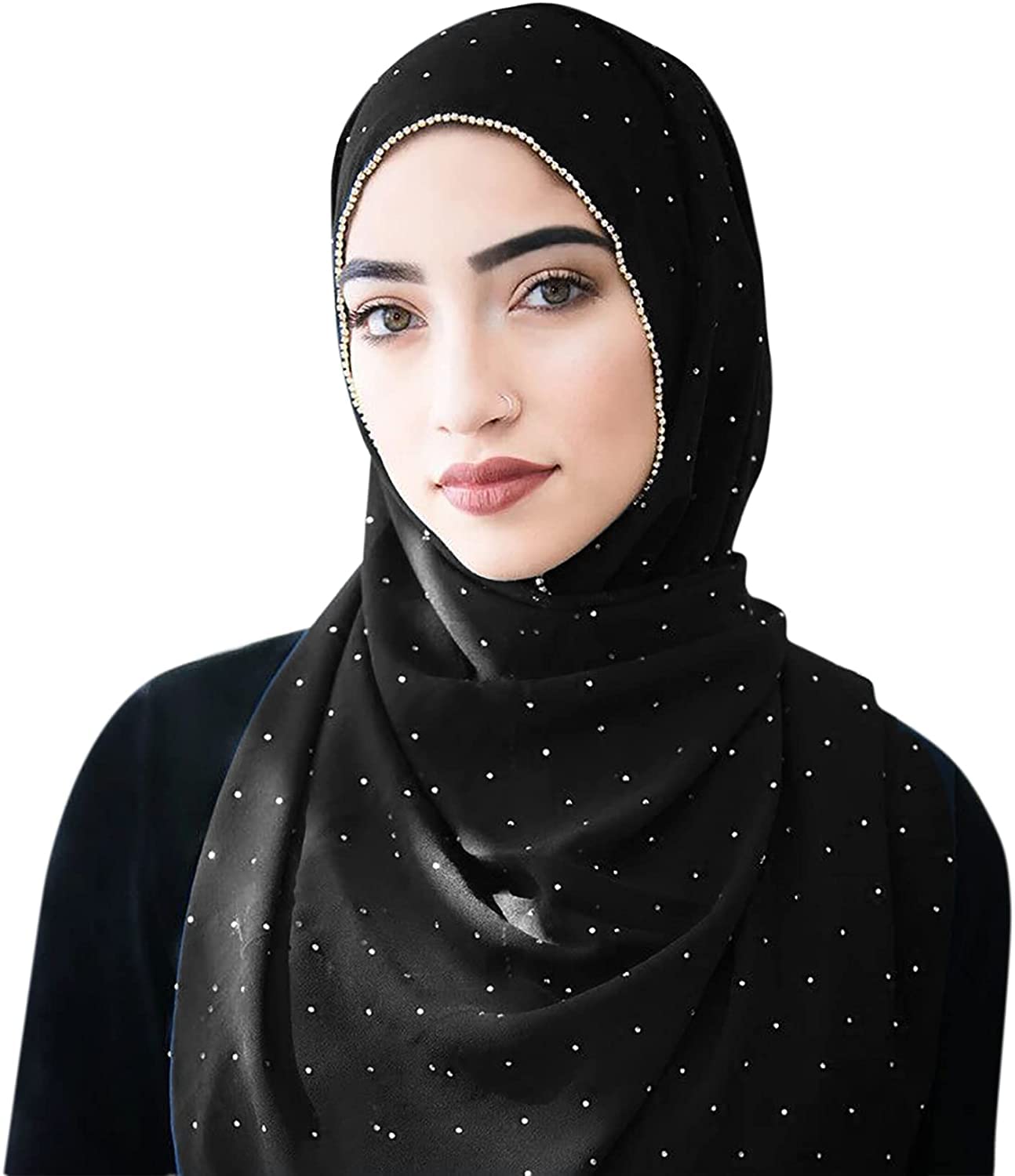 ZAFA Women Soft Chiffon Rhinestone Long Scarf Shawl Fashion Muslim Hijab Head Wrap Scarves
