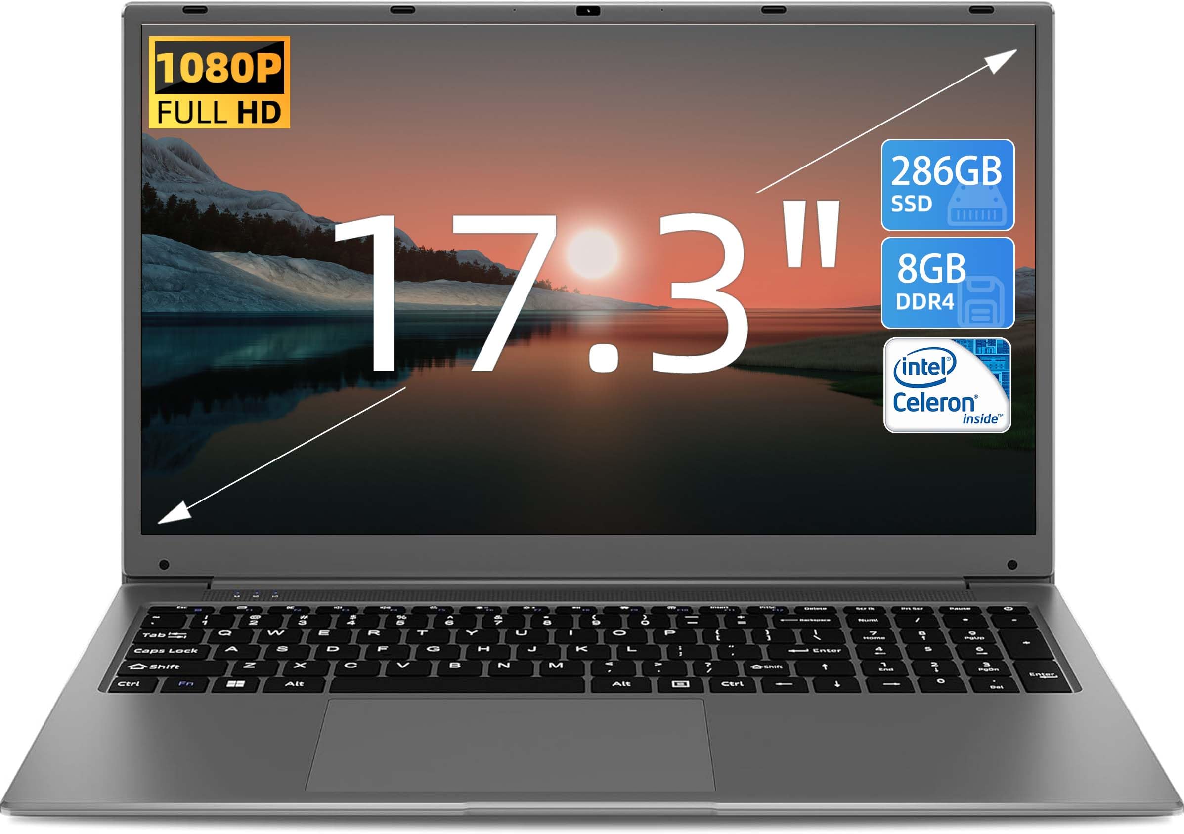 SGIN Laptop, 17" IPS Full HD Laptops Computer, 8GB RAM 256GB SSD Notebook with Intel Celeron Quad-core Processor, Mini HDMI, Webcam, Wi-Fi, Expandable Storage 512GB TF