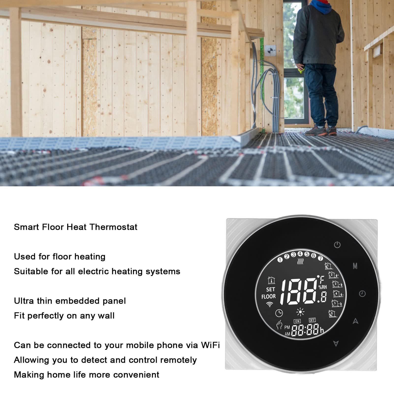Smart Floor Heat Thermostat, WiFi Voice Phone Control LCD Touch Screen Thermostat for Electric Heating Systems 95β240VAC