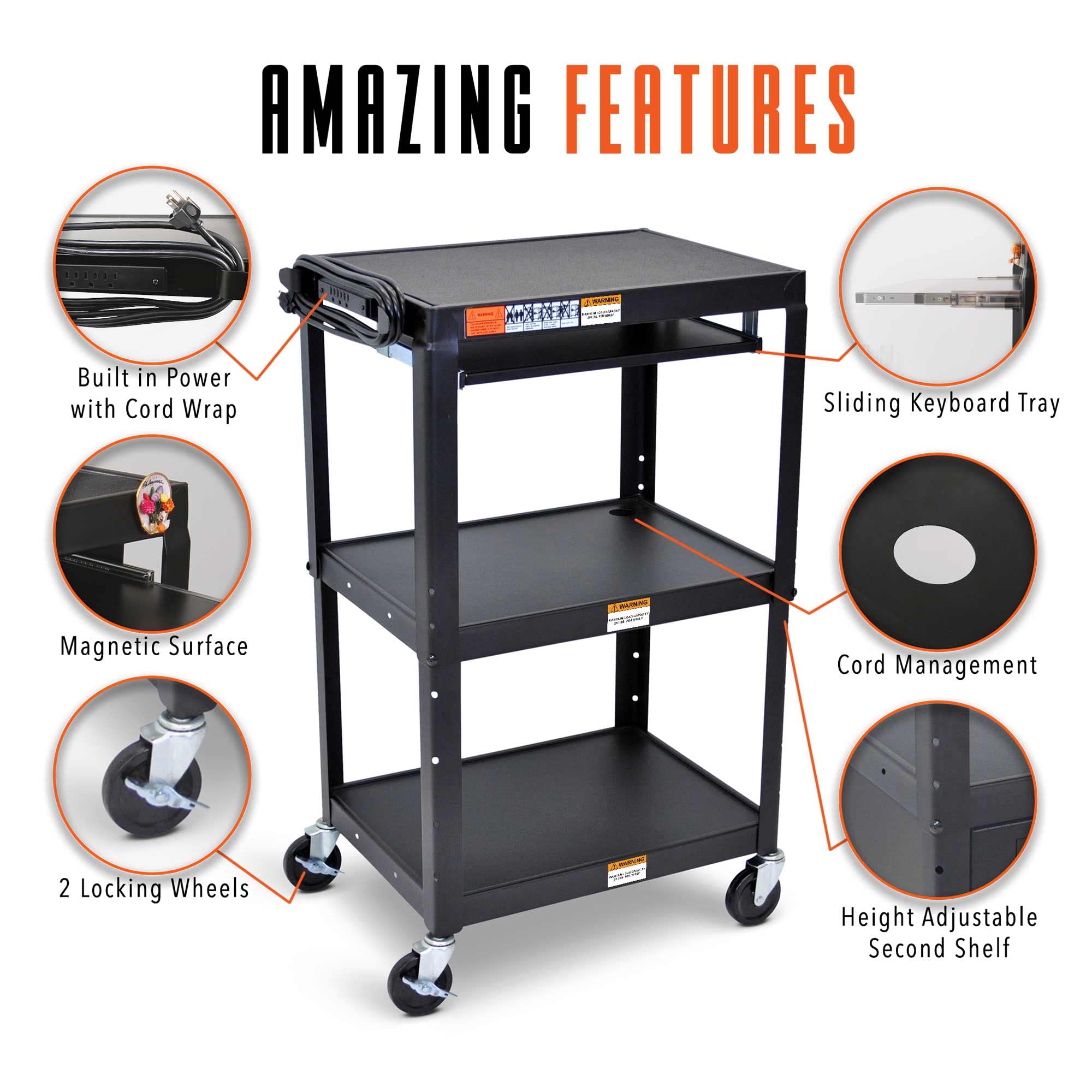 Stand Steady Line Leader AV Cart on Wheels | Height Adjustable Top Shelf & Pullout Keyboard Tray | Includes 15 ft Power Cord with Cord Management | Easy Assembly (42in x 24in x 18in / Black)