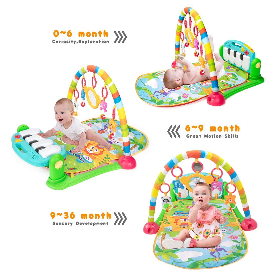 UNIH Baby Activity Gym Rack Piano Fitness Playmat & Pull-Back Vehicle Soft Toys with Play Mat