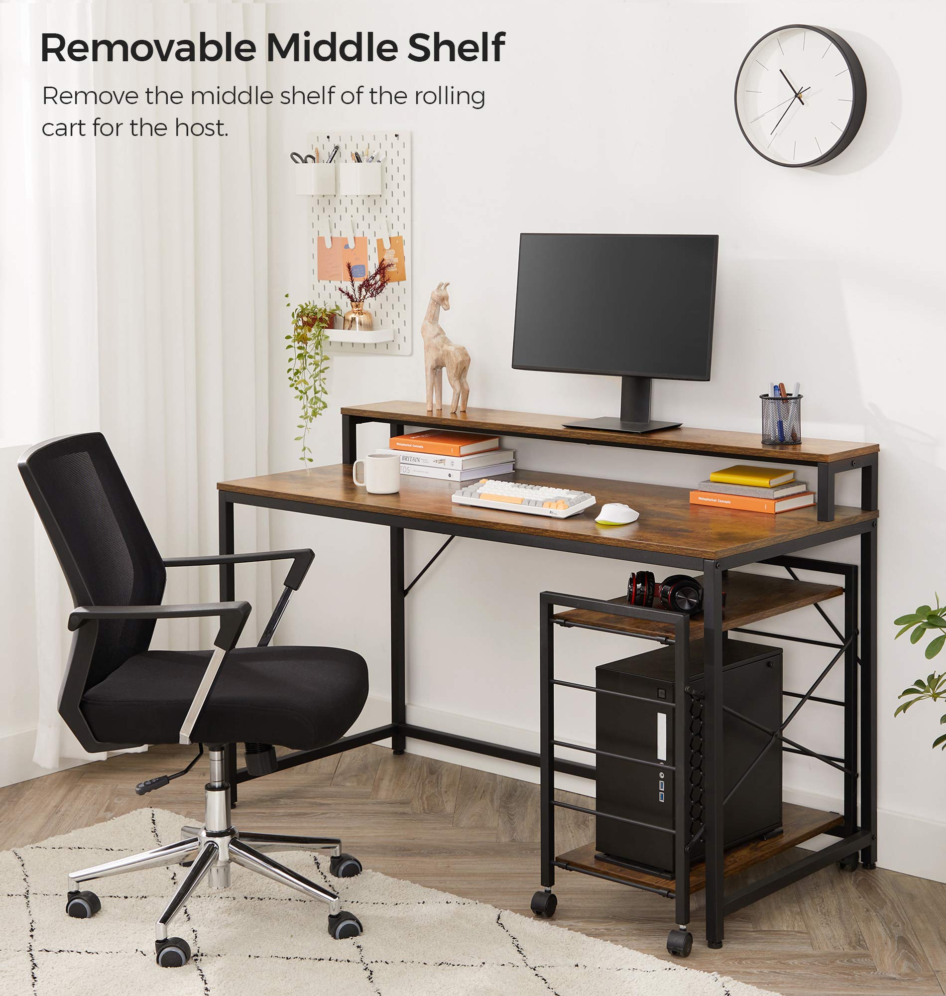 VASAGLE Computer Desk with Large Monitor Stand Rolling Cart, Writing Study Desk with Storage Shelves, Industrial, for Home Office, Rustic Brown and Black ULWD061B01