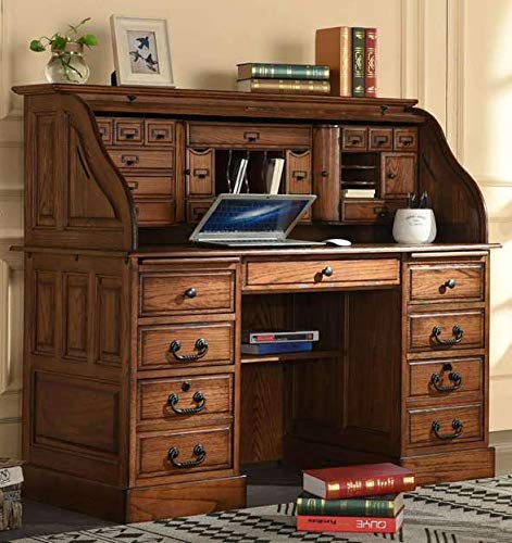 Roll Top Desk Solid Oak Wood - 54 Inch Deluxe Executive Rolltop Desk Burnished Walnut Stain for Home Office Secretary Organizer Roll Hutch Top Easy Assembly Quality Crafted Construction