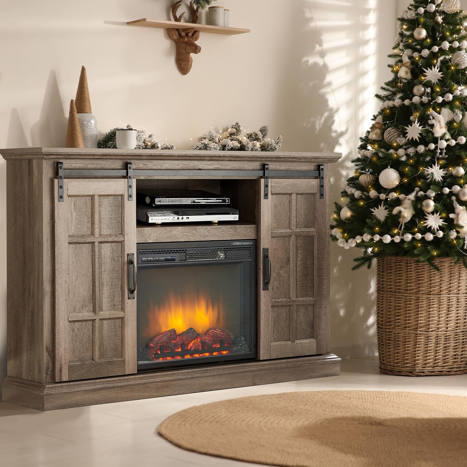 Unineo Farmhouse Fireplace TV Stand up to 65 Inch, Modern Entertainment Center Media Console with 24ββ Fireplace, Sliding Barn Door with Storage Cabinets, Adjustable Flame Effects, Remote Control, Oak
