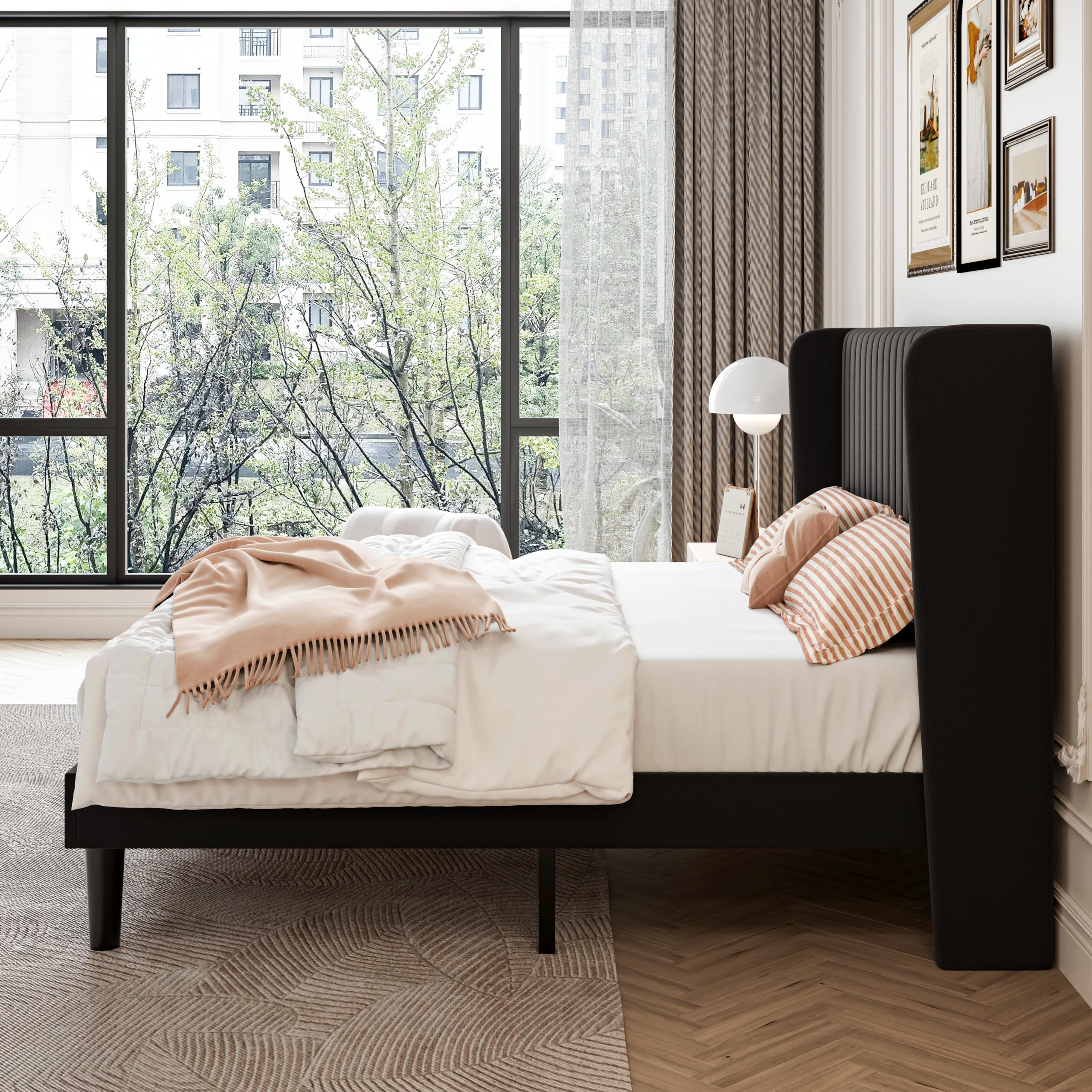 SHA CERLIN King Size Velvet Bed Frame with Vertical Channel Tufted Wingback Headboard, Upholstered Platform Bed with Wood Slats, No Box Spring Needed, Easy Assembly, Black