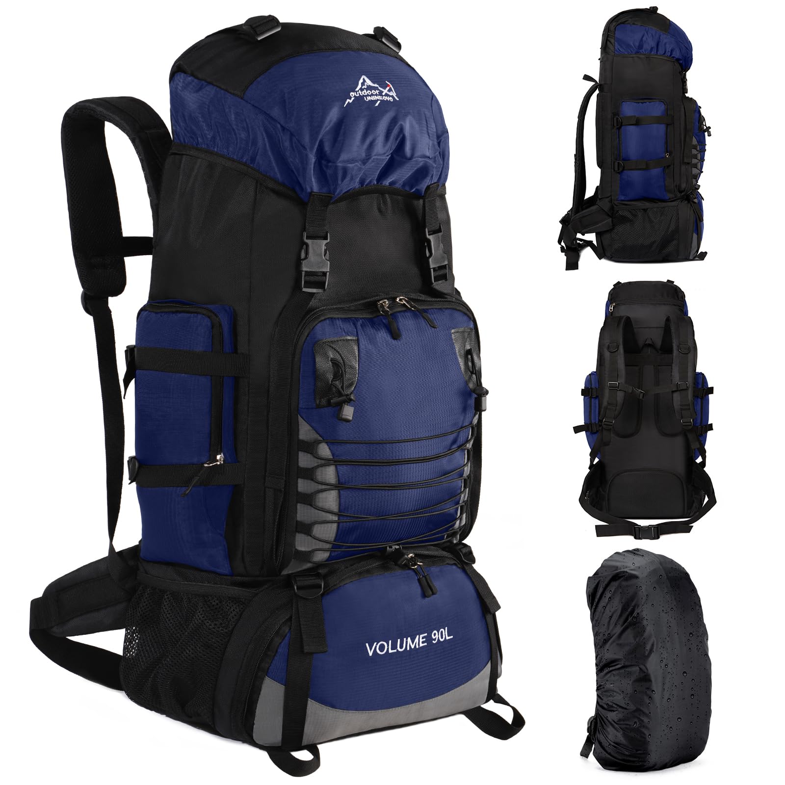 Unineovo 90L Hiking Backpack, Waterproof Camping Bag with Rain Cover, Lightweight Backpacking Back Pack - No Frame (Blue)