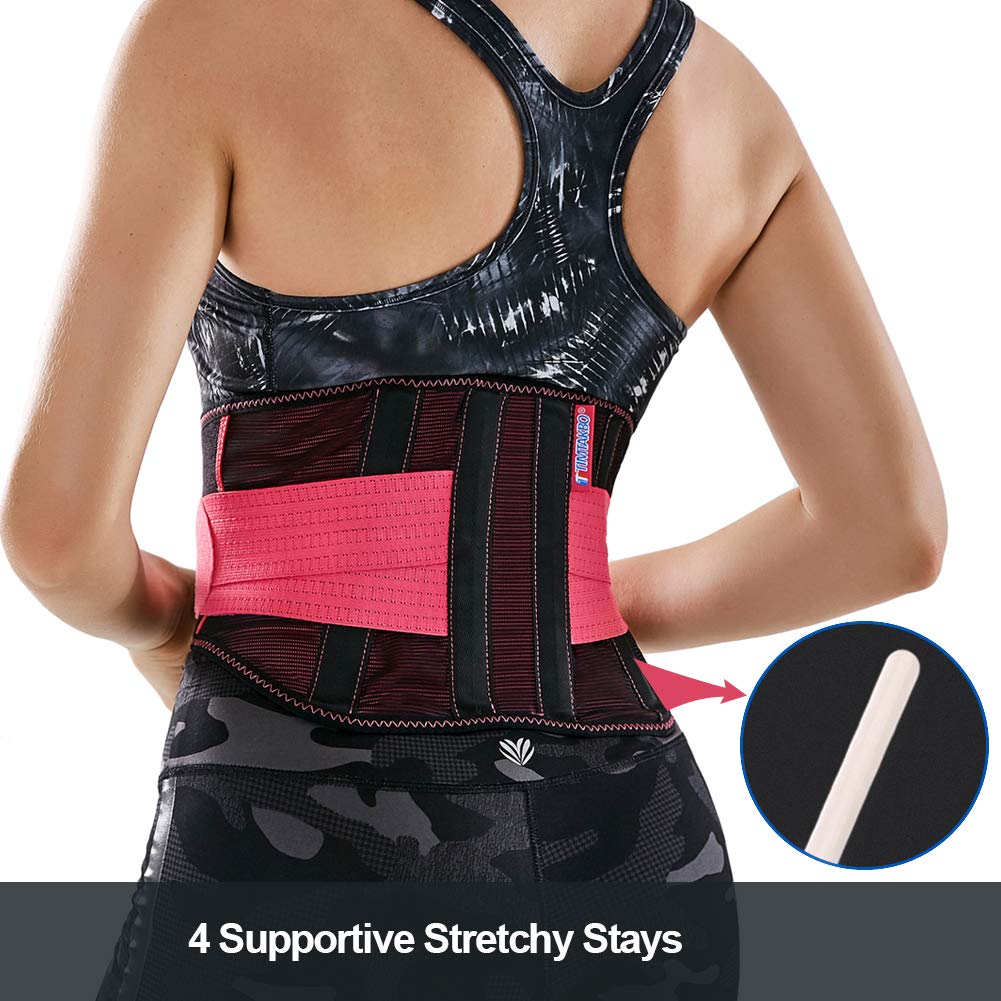 T TIMTAKBO Waist Back Support Belt for Women Men,Lower Back Brace Lumbar Support for Lower Back Pain Relief, Adjustable Flexible Sport Girdle Waist Support Belt(Black/Red, S/M Fit Belly 23.5"-31.5")