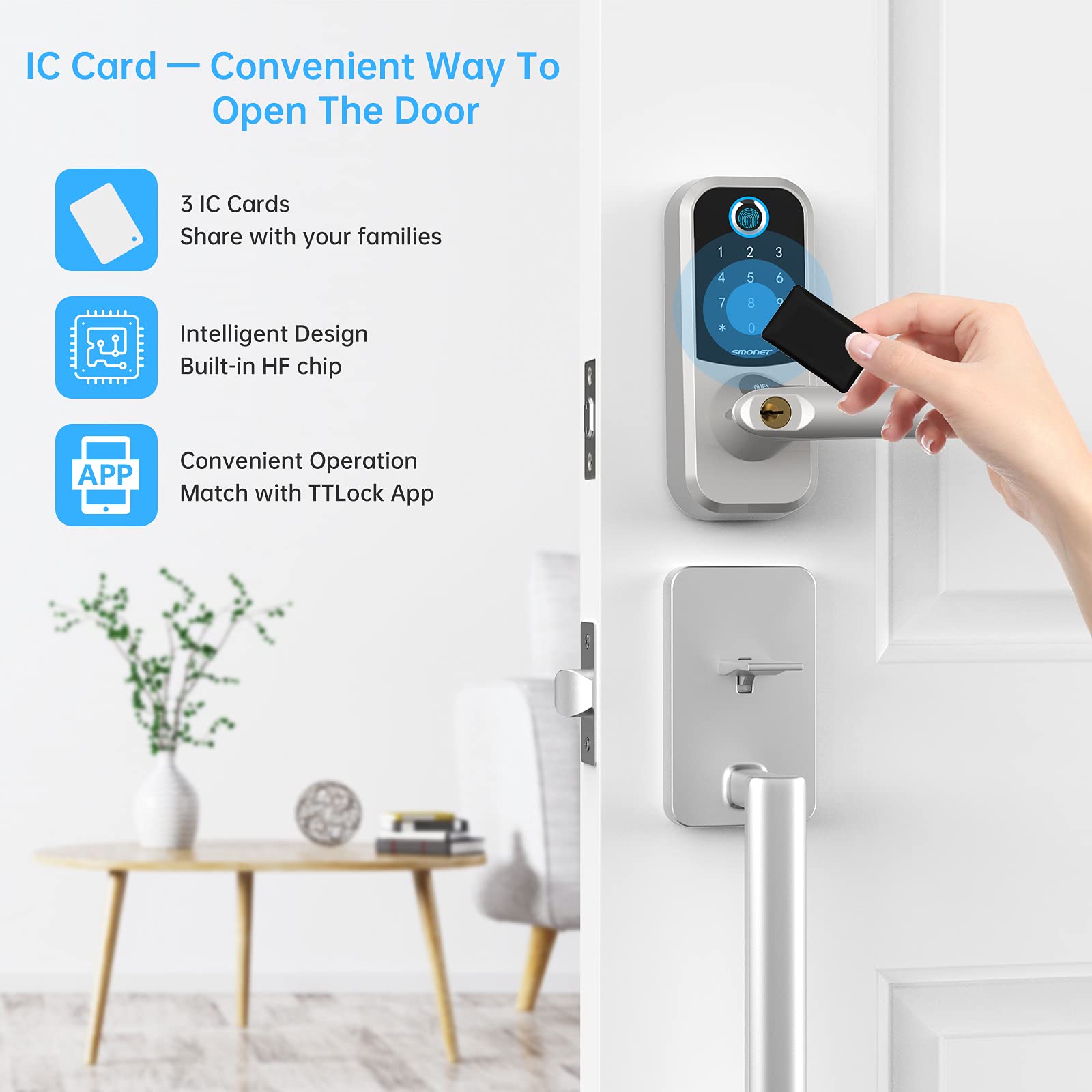 Smart IC Key Cards, Smonet Smart Fobs for Keypad Door Lock, Addable Electronic Cards Work with TTLock, Nextlock APP, Smart Locks Accessories, Keyless Digital Key Card Chip for Lock - 3 Packs