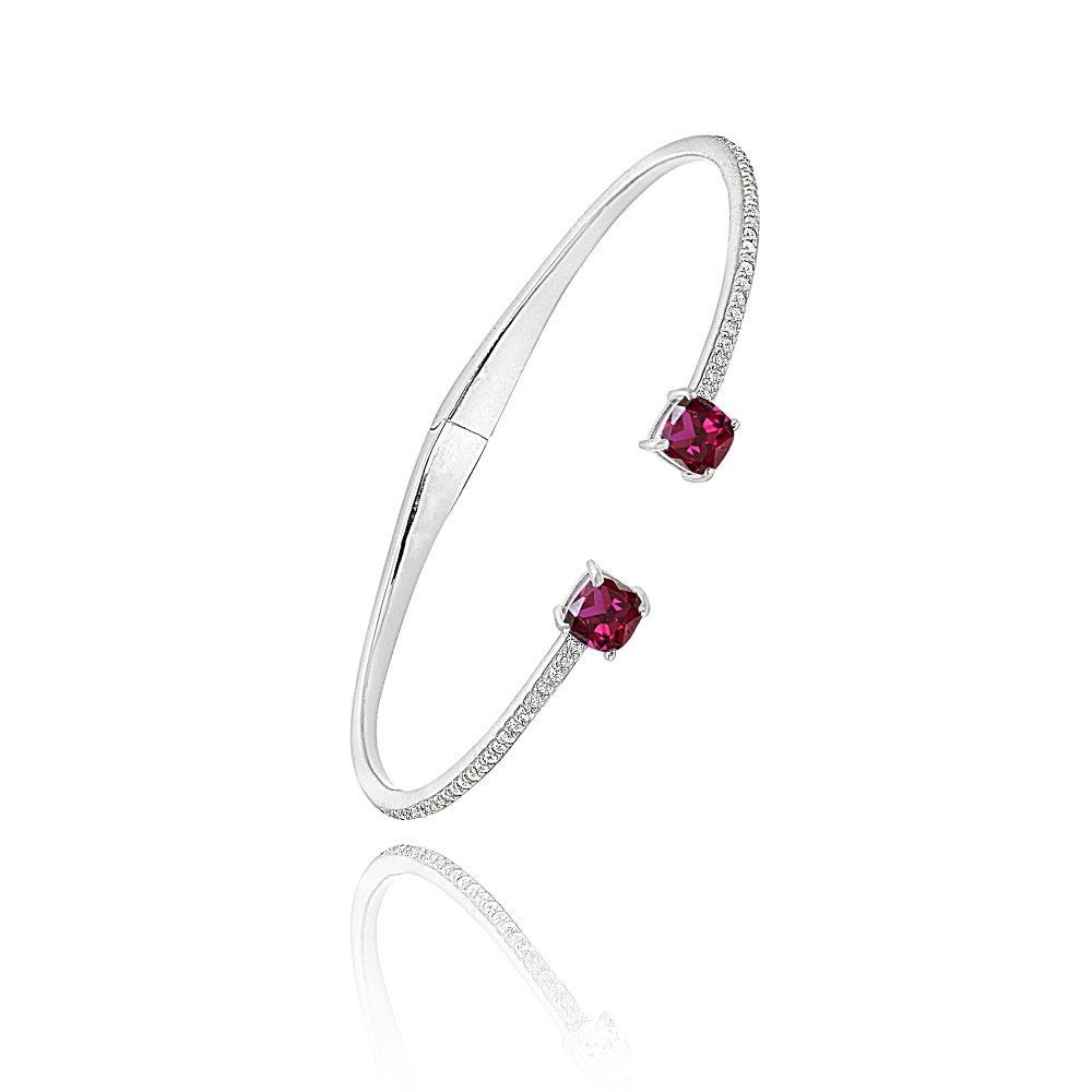 Sterling Silver Synthetic Ruby & White Sapphire Cushion-Cut Dainty Bangle Cuff Bracelet for Women