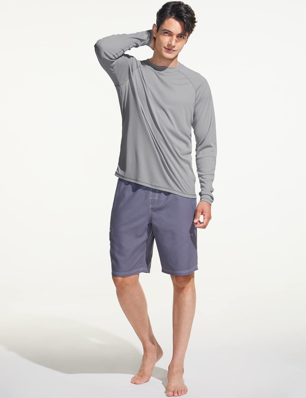 TSLA Men's Rashguard Swim Shirts, UPF 50+ Loose-Fit Long Sleeve Shirts, Cool Running Workout SPF/UV Sun Shirts, Sun Block Light Grey, 3X-Large