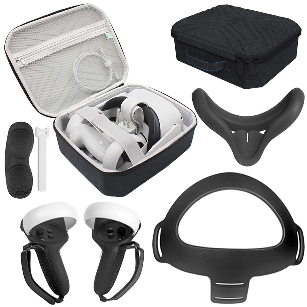 Zaracle Fashion Travelling Case & Touch Controller Grip Cover & Flexible Soft TPU Head Pad & VR Silicone Face Cover for Oculus Quest 2, Custom Comfort Accessories Set (Black)