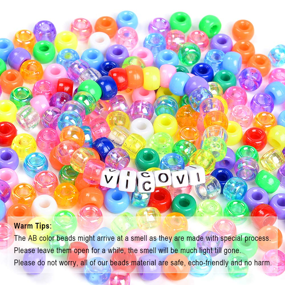 VICOVI 1000+pcs Pony Beads Kit for Bracelet Jewelry Making, Hair Beads, Include 23 Colors Rainbow Beads(9mm), 260 Letter Beads, 50 Color Beads, 20 Heart & Star Beads and Rolls Elastic String.