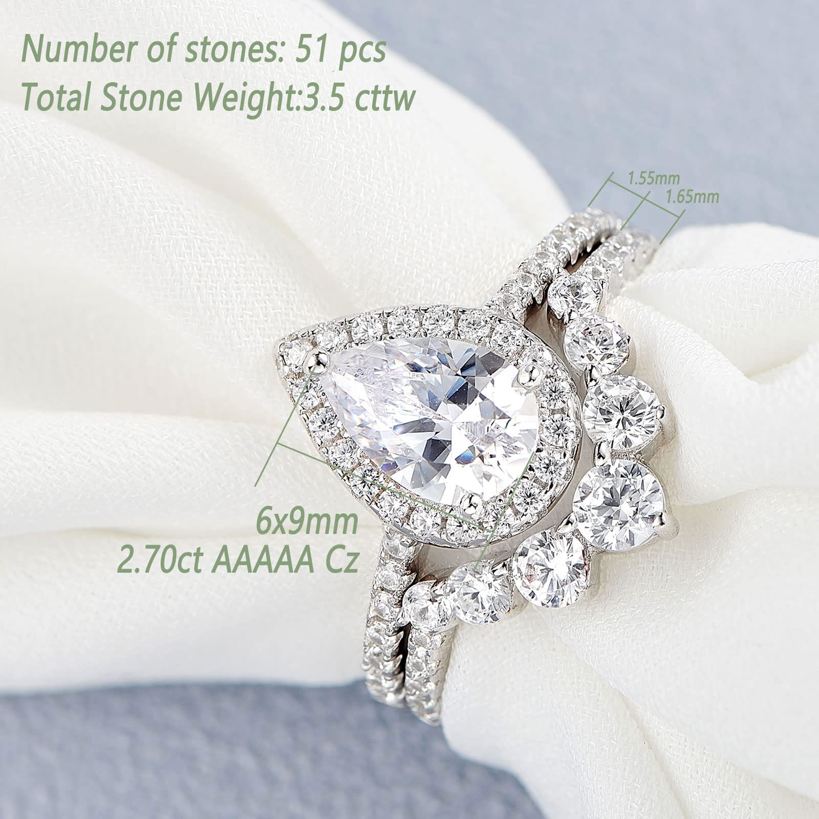 Wuziwen 2CT Vintage Engagement Rings Wedding Ring Set for Women Halo Bridal Ring Sets 925 Sterling Silver CZ (Pear Halo Silver, 6.5)